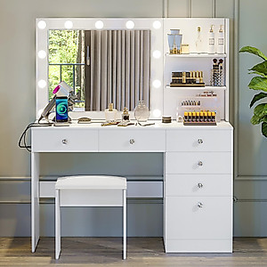 VOWNER Vanity with Lights - 47" Makeup Vanity Desk with Power Outlet, Storage Shelves and 6 Drawers, 3 Color Lighting Modes with Adjustable Brightness, Makeup Desk with Stool for Women Girls, White