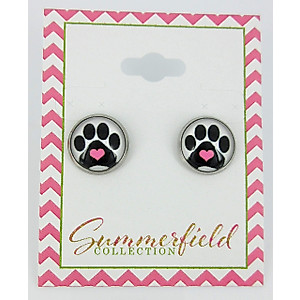 Summerfield Collection Stainless Steel Black and White Paw Print Pink Heart Glass Stud Earrings 12mm