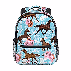 KiuLoam Vintage Horse And Flowers Kids Backpacks For Toddler Boys And Girls Preschool Backpack With Chest Strap 12 Inch