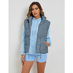 VAOYIU Womens Puffer Vest Adjustable Drawstring Waist Lightweight Quilted Zip Up Vest with Pockets(-Dustyblue-XL)