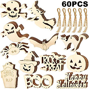 60 Pieces Halloween Wooden Slices Blank Hanging Tags Hanging Wood Ornaments Halloween Fall Pumpkin Cutouts Crafts with 60 Pieces Twine Ropes for Halloween Ornaments Supplies