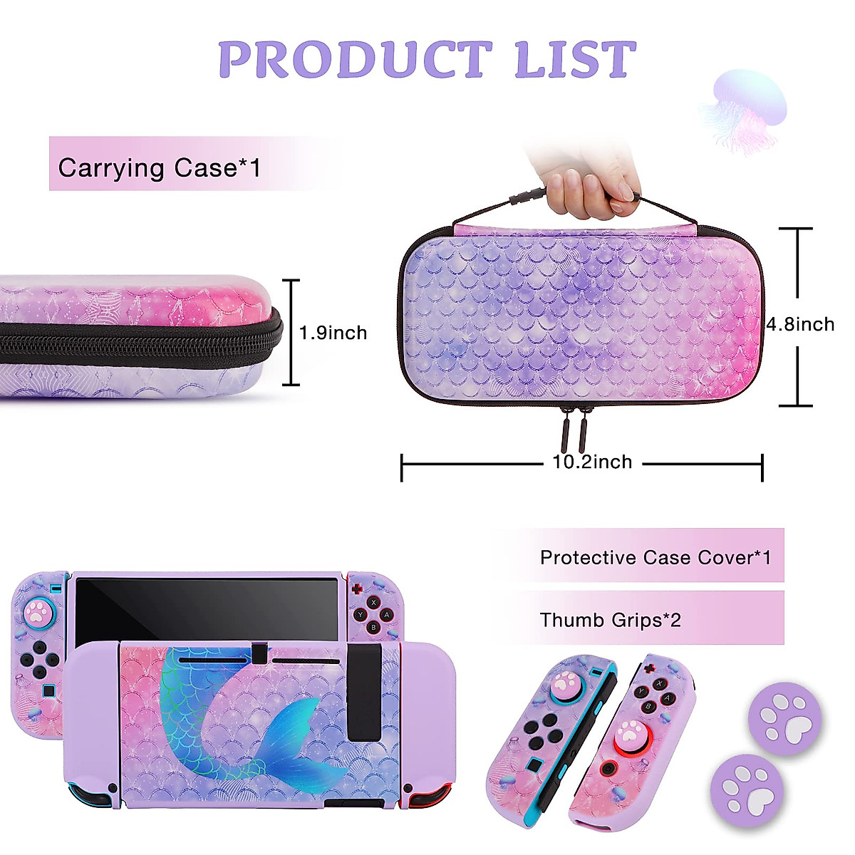 homicozy Purple Mermaid Hard Carrying Case for Nintendo Switch,Soft TPU Protective Case Cover with Portable Travel Case Compatible with Nintendo Switch for Girls