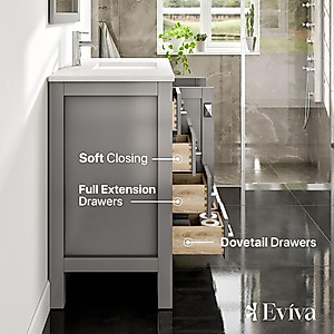 Eviva Bathroom Vanity Cabinet 36in White - Solid Wood w/9 Drawers, Porcelain Sink & Marble Countertop - Gray