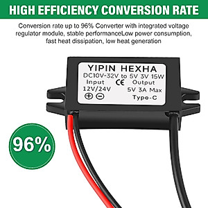 YIPIN HEXHA DC 24V/12V to 5V USB Type-C Right Angle Step Down Converter Output 3A 15W Buck Module Power Adapter, Compatible with Raspberry Pi 4, Mobile Phones