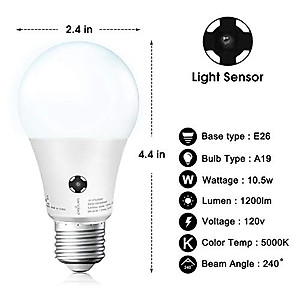 Sengled 5000K Daylight LED Light Bulb 10.5 Watt Equivalent 1200LM, Automatic Dusk to Dawn Light Bulbs for Outdoor Lighting, 3 Pack, UL Listed.