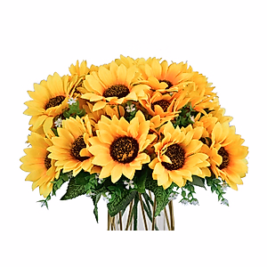LSKYTOP 6 Bunches Artificial Sunflower Bouquet,Silk Sunflowers Fake Yellow Flowers for Sunflower Floral Arrangement Home Decor