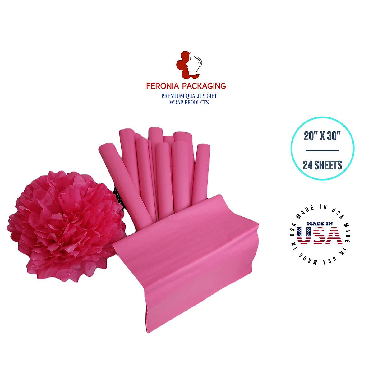 Hot Pink Tissue Paper Squares, Bulk 24 Sheets, Premium Gift Wrap and Art Supplies for Birthdays, Holidays, or Presents by Feronia packaging, Large 20 Inch x 30 Inch