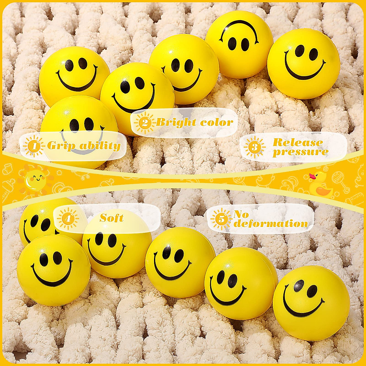 2.5 Inch Smile Face Stress Balls Bulk Happy Smile Stress Relief Balls Mini Funny Foam Balls Kids Smile Face Toys for Teens Adults Carnival Christmas Party Bag Fillers (Yellow,100 Pcs)