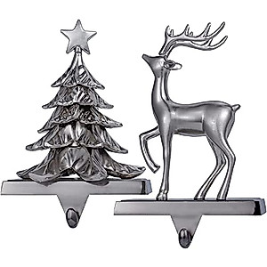 Stocking Holder Set of 2 -Tree Christmas Reindeer Stocking Hanger for Mantel -3D Metal Deer Christmas Stocking Holder for Fireplace Mantle - Heavy Stocking Holder for Mantle with Hook (Antique Silver)