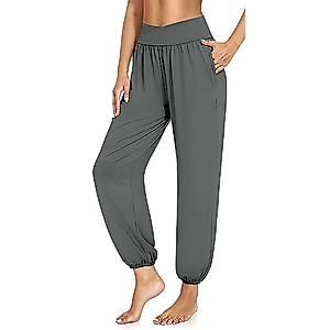 UEU Women's Harem Crossover High Waisted Flowy Pants Yoga Joggers with Pockets Lounge Pajamas Casual Loose Sweatpants MidGray XL