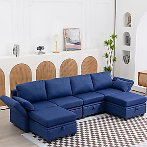 Rovibek 6 Seat Modular Sofa, L Shaped Sectional Couch with Storage for Living Room, Modern Fabric Settee Sleeper with Double Ottoman & Memory Foam, White