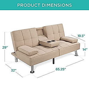 Best Choice Products Linen Upholstered Modern Convertible Folding Futon Sofa Bed for Compact Living Space, Apartment, Dorm, Bonus Room w/Removable Armrests, Metal Legs, 2 Cupholders - Beige