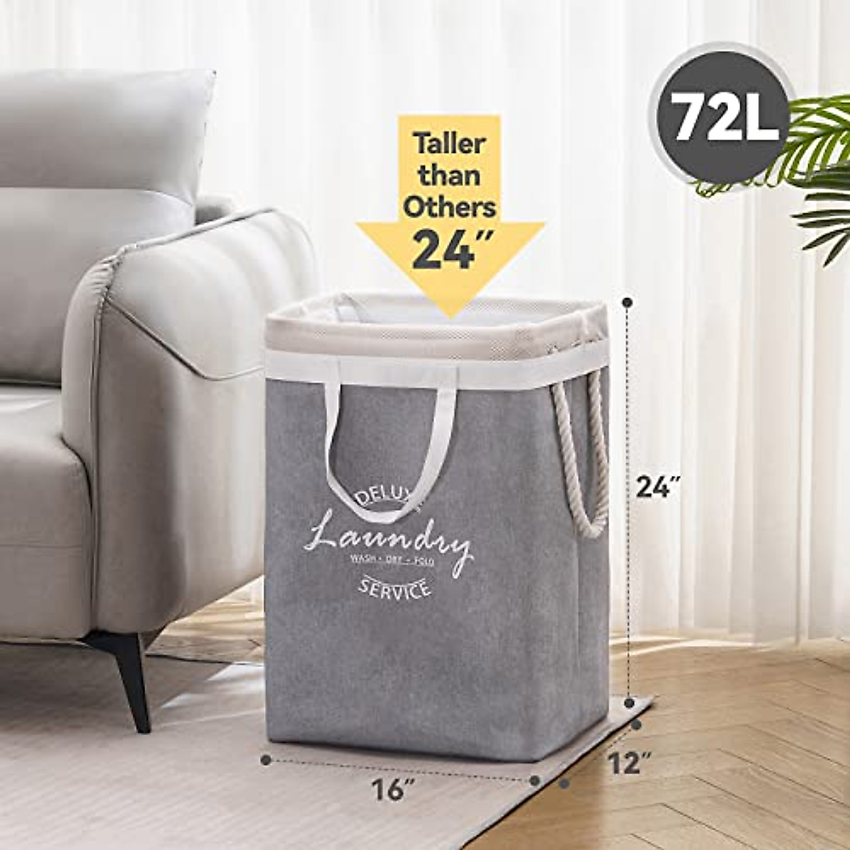 TECHMILLY 72L Large Laundry Hamper with Removable Bag, Collapsible Laundry Basket with Rope Handles, Dirty Clothes Hamper for Bedroom, Living Room, Clothes Toys Organizer, Grey