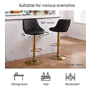 Chummaven Black PU Leather Swivel Counter Height Bar Stools, Adjustable Bar Chairs Set of 2, Modern Barstools Lift Stools with Mid Back and Gold Footrest for Kitchen Pub Dining Room Counter