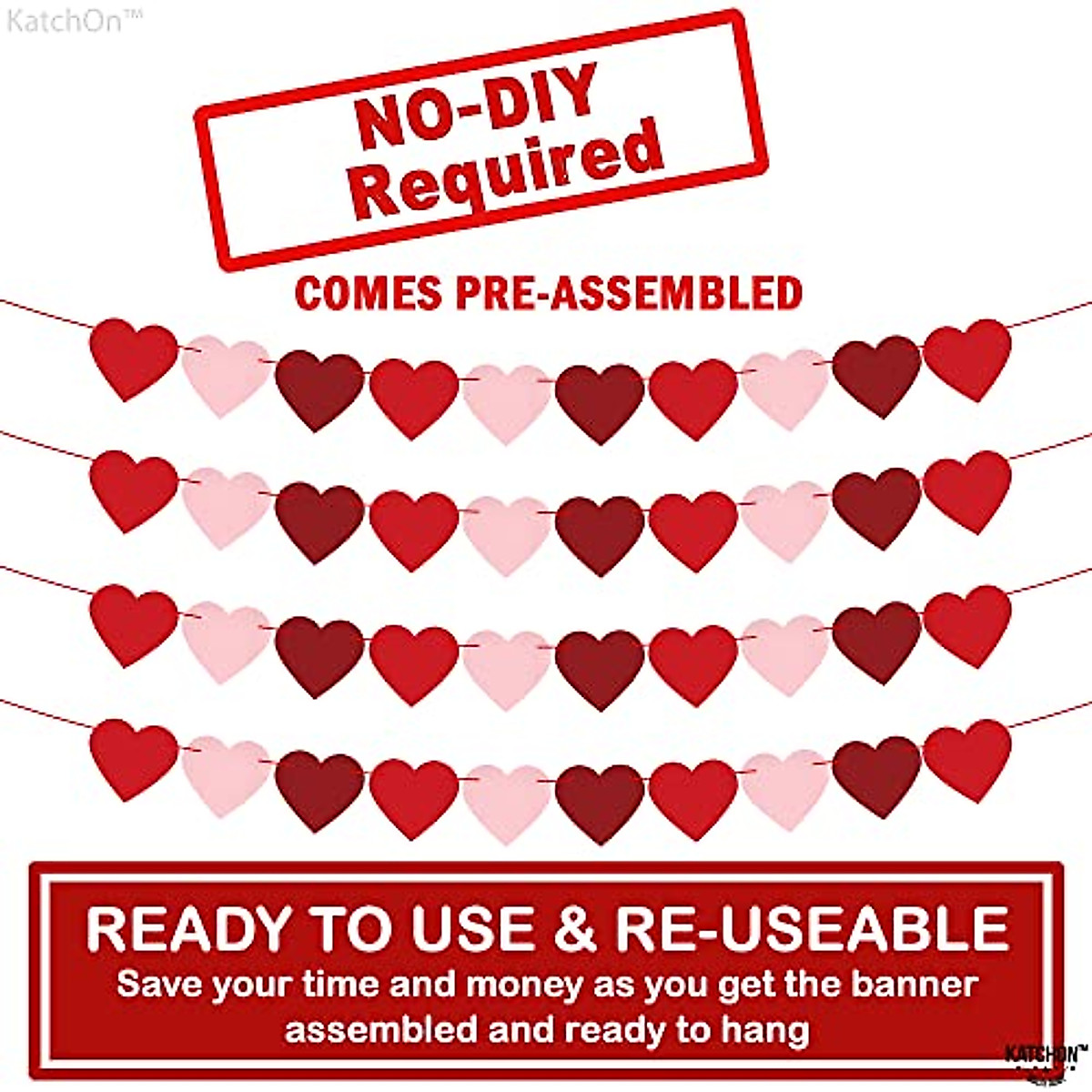 Felt, Heart Valentines Garland for Valentines Day Decor - Pack of 40, No DIY | Red, Rose, Light Pink Heart Garland, Heart Garland Decorations | Heart Banner Garland, Romantic Valentines Day Decoration