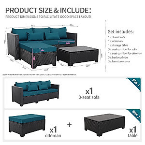 Rattaner 3 Pieces Patio Furniture Set Outdoor Sectional Wicker Patio Furniture Patio Couch with Ottoman and Outdoor Storage Table All-Weather Anti-Slip Cushions Waterproof Covers, Peacock Blue