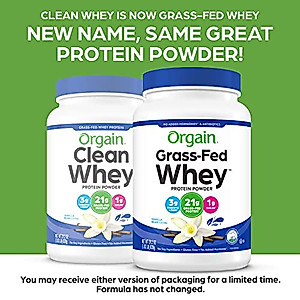 Orgain Grass Fed Whey Protein Powder, Vanilla Bean - 21g of Protein, Low Net Carbs, Gluten Free, Soy Free, No Sugar Added, Kosher, 1.82 Lb (Packaging May Vary)