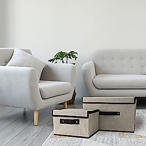 QUMENEY 2 Pack Foldable Storage Boxes With Lid Fabric Organizer Storage Office Box Storage Basket For Home Bedroom Wardrobe Nursery Office (Beige)