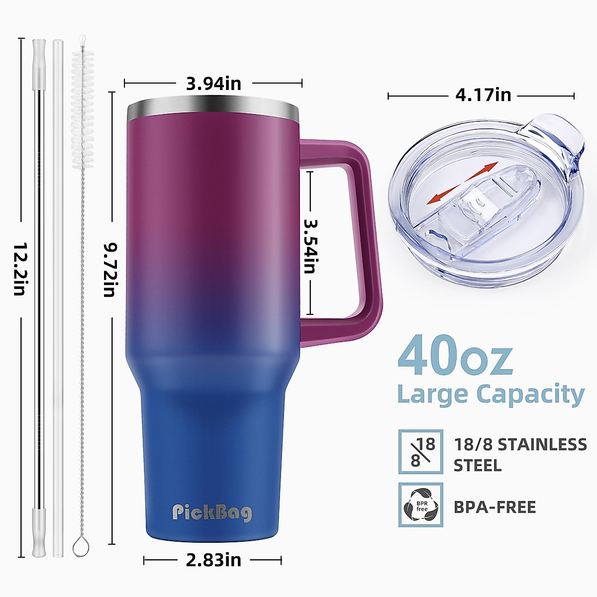 40 oz Tumbler with Handle and Straw, 100% Leak Proof Tumblers Cup, Stainless Steel Insulated Travel Coffee Mug, Keeps Drinks Cold for 24 Hours or Hot for 10 Hours, Fits for Car Cup Holder, PurpleBlue