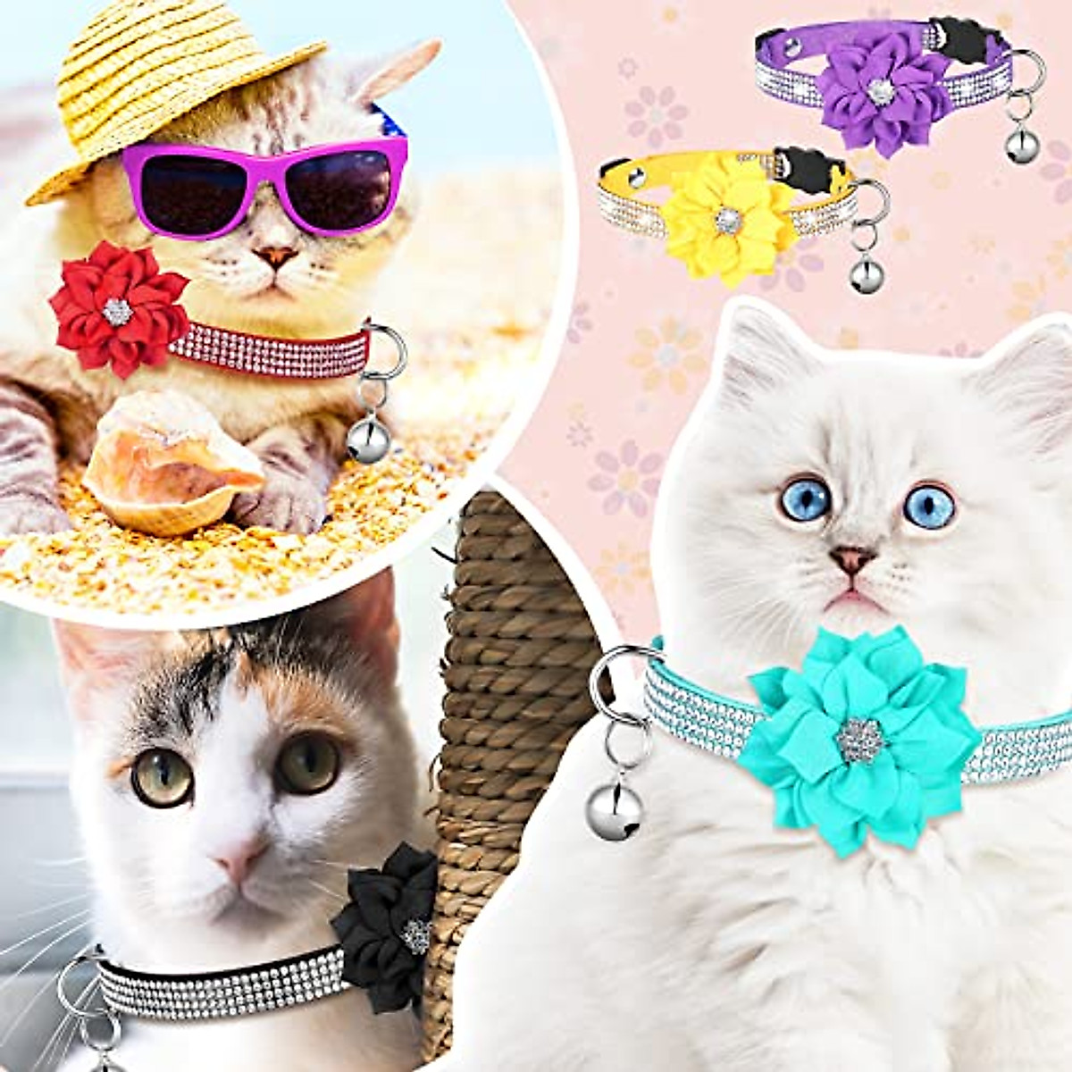 6 Pcs Cat Collars for Girl Cats Bling Kitten Collar with Bell and Flower Glitter Cat Collars Soft Velvet Cute Dog Collar with Buckle Shine Puppy Collar (7.9-9.8 inch)