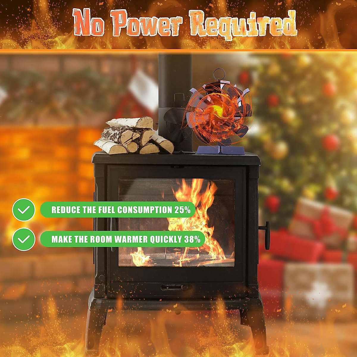 8 Blades Heat Powered Stove Fan - Eco Wood Burning Fireplace Fan Circulates Warm Air, Gas/Pellet/Wood/Log Stoves with Thermometer