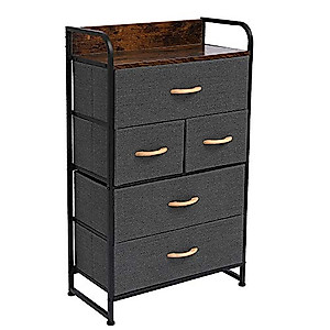 5-Drawer Dresser, 4-Tier Storage Organizer, Tower Unit for Bedroom, Hallway, Entryway, Closets - Sturdy Steel Frame, Wooden Top, Removable Fabric Bins