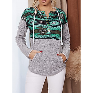 Womens Winter Cute Button Collar Patchwork Color Block Long Sleeve Knit Stitching Drawstring Hoodies Hooded Sweatshirts Women Pullover Casual Fashion Tops Green X-Large