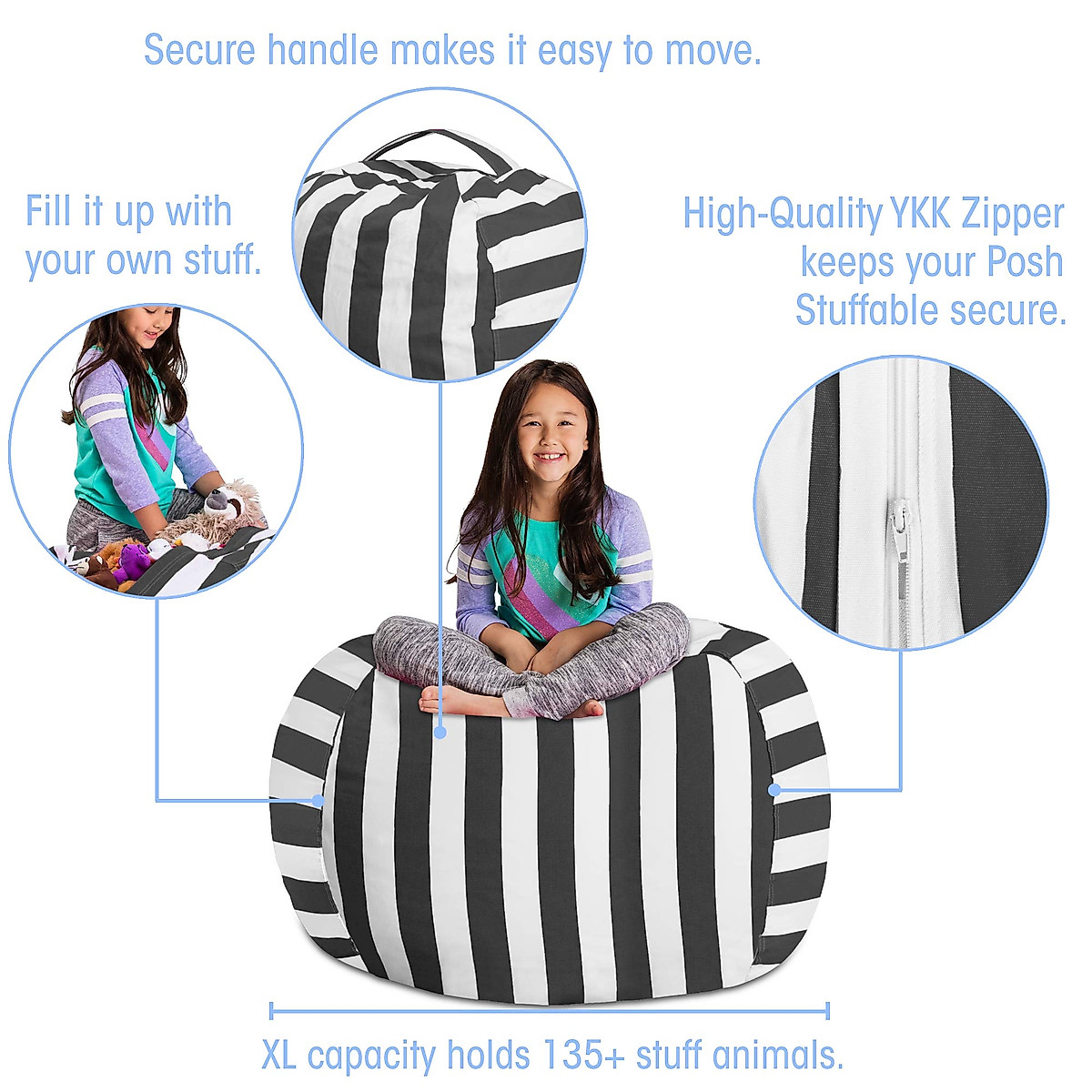 Posh Stuffable Kids Stuffed Animal Storage Bean Bag Chair Cover - Childrens Toy Organizer, X-Large 48" - Canvas Stripes Gray and White
