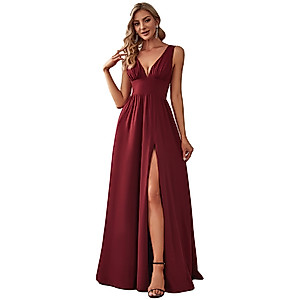 Ever-Pretty Women's Bridemaids Dresses Deep V-Neck Sleeveless Side Slit Floor Length Wedding Guest Dress Burgundy US4