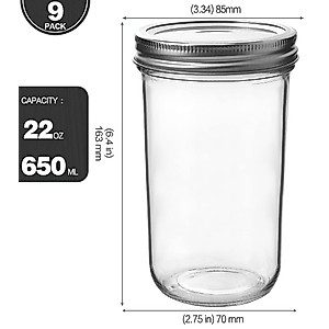 KAMOTA Wide Mouth Mason Jars 9 PACK 22 oz With Lids and Bands, Ideal for Jam, Honey, Wedding Favors
