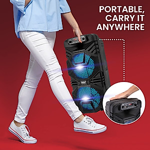 Pyle Bluetooth PA Speaker System - 600W Rechargeable Outdoor Bluetooth Speaker Portable PA System w/ Dual 8” Subwoofer 1” Tweeter, Microphone In, Party Lights, USB, Radio, Remote - Pyle PPHP2836B
