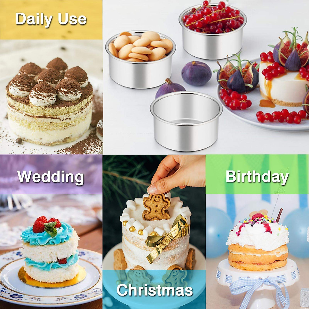 TeamFar 4 Inch Cake Pan, Mini Cake Pan Small Round Baking Tins Set Stainless Steel, For Baking Steaming Serving, Healthy & Sturdy, Easy Clean & Dishwasher Safe - Set of 3