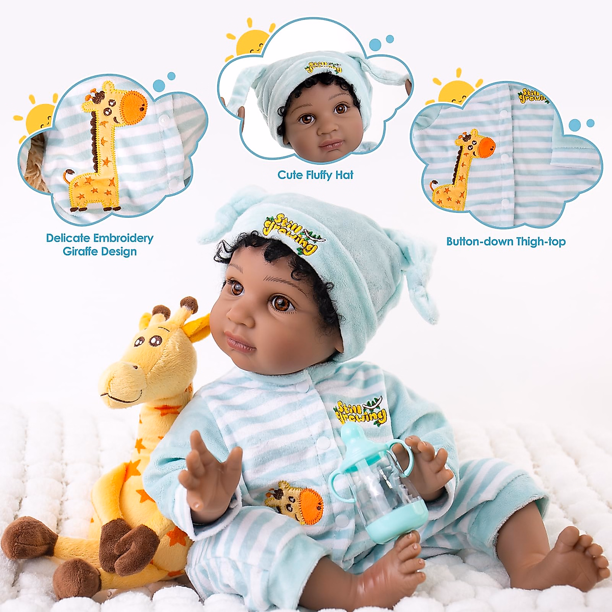 Aori Reborn Baby Dolls Black Americans Lifelike Reborn Baby Boy Look and Feel Real 22 Inch Biracial Newborn Doll with Giraffe Gift Set