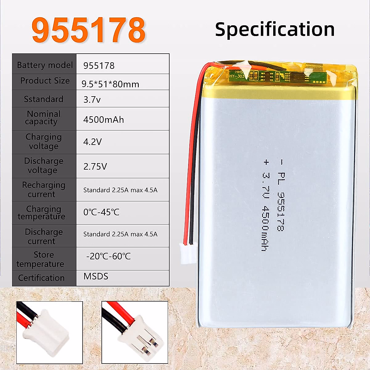 AKZYTUE 3.7V 4500mAh 955178 Lipo Battery Rechargeable Lithium Polymer ion Battery Pack with PH2.0mm JST Connector