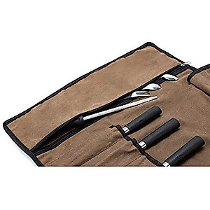 Chef’s Knife Roll, 5 Pockets Knife Bag,Waxed Canvas Roll Up Culinary Bag,Professional Cutlery Storage Case, Portable Knife Tool Roll Bag, Multi-Purpose Knife Cover For Cooking, Camping (Coffee)
