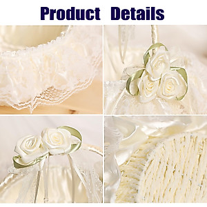 DULRLLY Wedding Flower Girl Basket, Hand-woven Storage Basket with Removable Handle and Rhinestone, Sweet Romantic Petals Basket, Lace Bowknot Bride Basket for Wedding