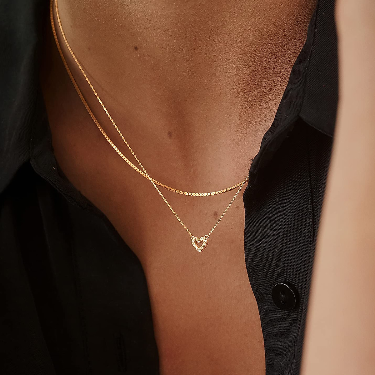 Diamond Heart Necklace | 14k Yellow Gold Open Heart Necklaces for Women | 14k Solid Gold Mini Heart Pendant Necklace | Dainty Pave Diamond Jewelry | Gifts for Birthday, 18"