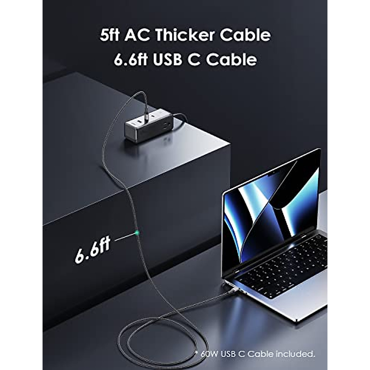 USB C Charger, oraimo 65W GaN Charging Station with 2 Outlets Extender, 5ft Extension Cord & 60W Type C Cable for MacBook Pro, iPhone, Galaxy, Pixel, Desktop Accessory for Home, Office Supplies