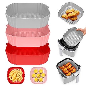 MMH 3PCs Square Air Fryer Silicone Liners for 5-8QT Airfryers, Reusable & Durable Airfryer Pot Inserts Replacement for Oven Microwave Accessories | Easy Cleaning | Reduces Mess