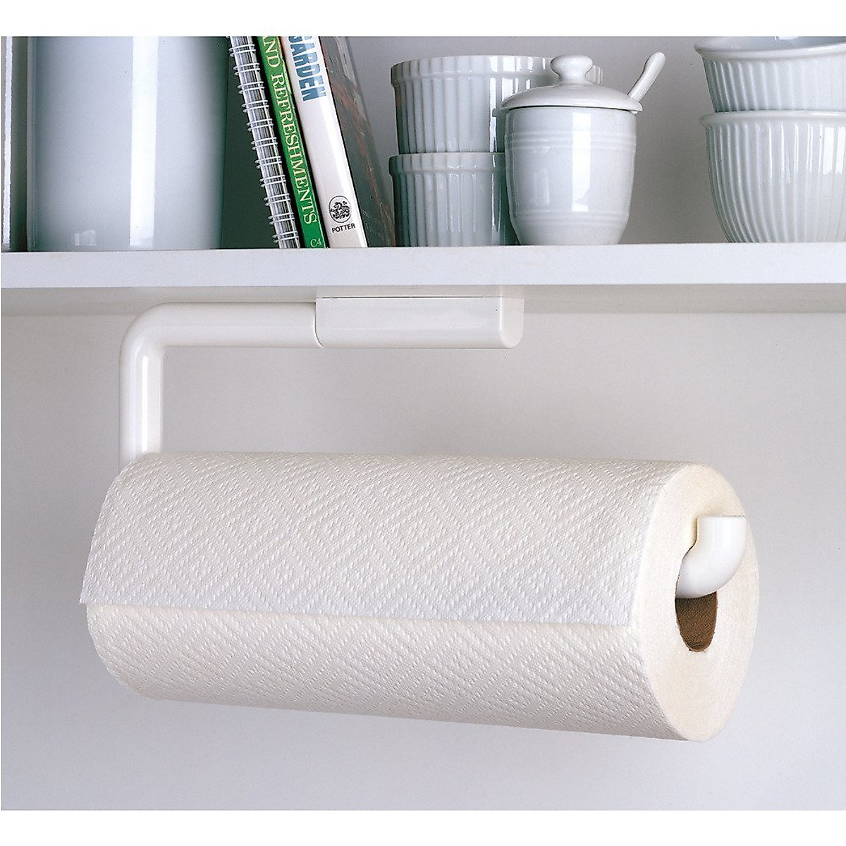 iDesign Plastic Wall Mounted Metal Paper Towel Holder, Roll Organizer for Kitchen, Bathroom, Craft Room, 13" x 5" - White