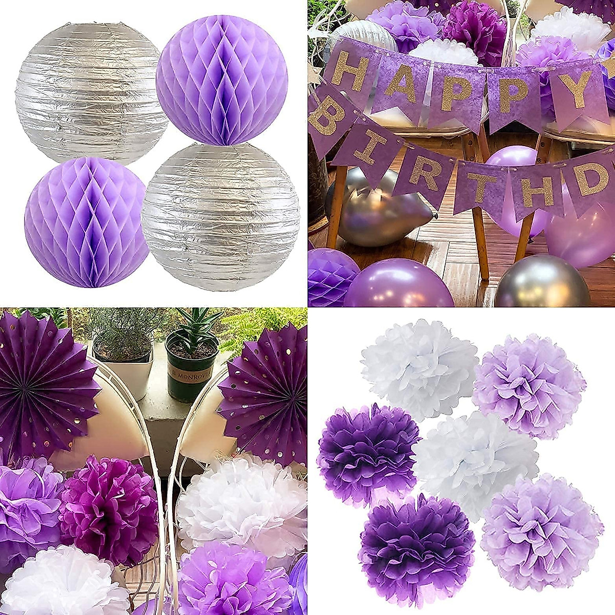 Birthday Party Decorations for Women Purple Silver Happy Birthday Banner Purple Balloons Polka Dot Paper Fans/Girl Purple Birthday/Women 40th/50th/60th Purple Birthday Party Decorations
