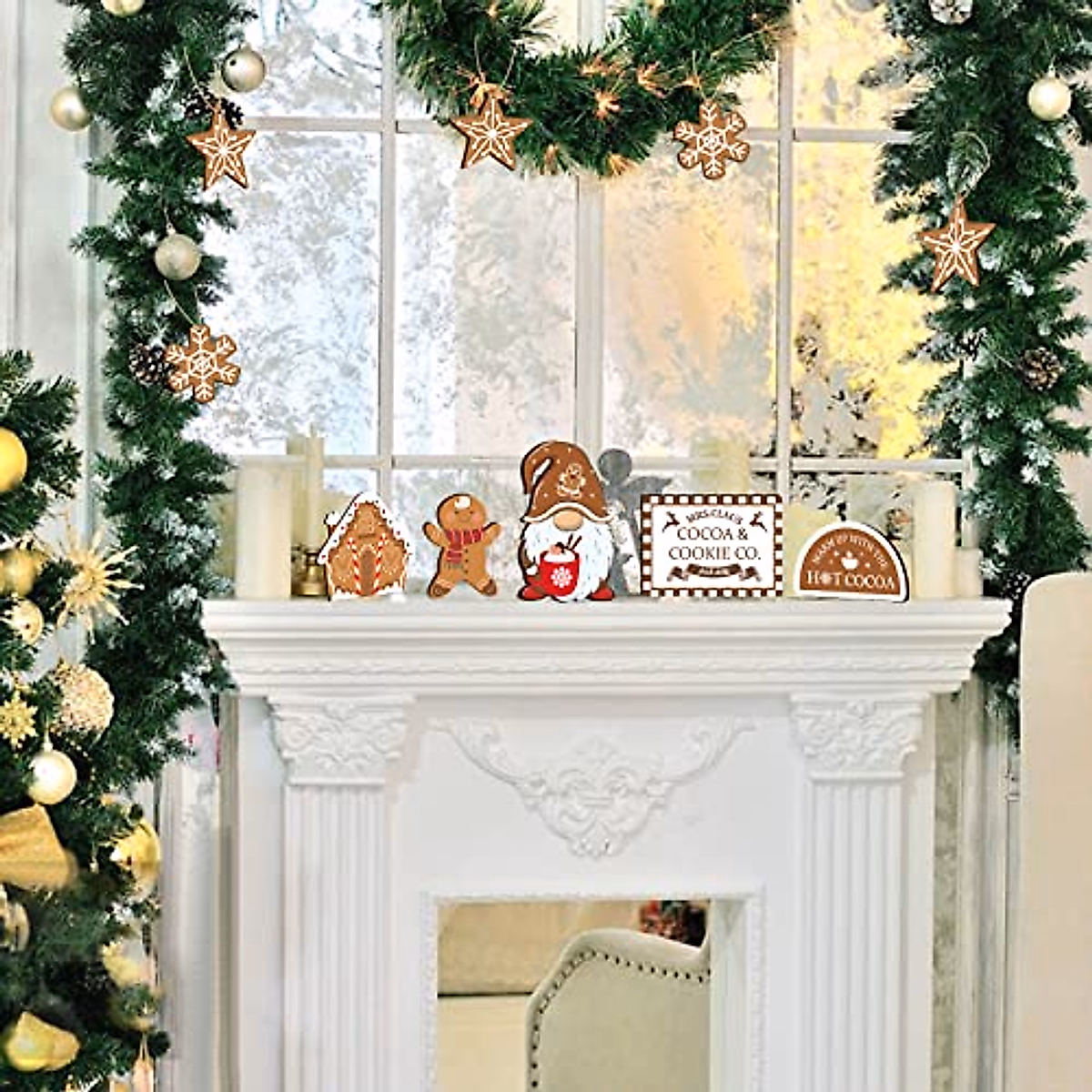 10 Pieces Christmas Tiered Tray Decor-Winter Holiday Gingerbread Themed Decor with Hot Cocoa Bar and Cute Gnomes Wooden Signs for Farmhouse Rustic Centerpiece Home Room Table Fireplace Shelf