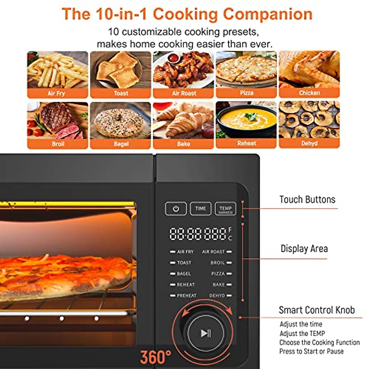 Air Fryer Toaster Oven Combo - Fabuletta 10-in-1 Countertop Convection Oven 1800W, Flip Up & Away Capability for Storage Space, Oil-Less Air Fryer Oven Fit 12" Pizza, 9 Slices Toast, 5 Accessories