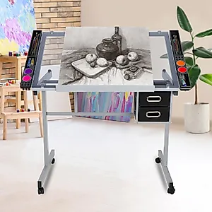 LEMY Drafting Table Adjustable Tilting Tabletop, Artist Drawing Desk with Slide Storage Drawers and Wheels, Art Craft Station for Home Office