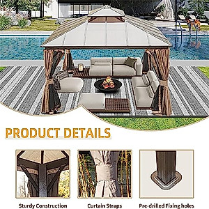 Goohome 12'x12' Hardtop Gazebo, Permanent Outdoor Gazebo with Polycarbonate Double Roof, Aluminum Gazebo Pavilion with Curtain and Net, Hard Top Waterproof Pergola Shade and Rain for Lawn, Poolsides