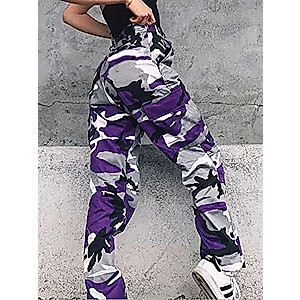 ZODLLS Women's Camo Pants Cargo Trousers Cool Camouflage Pants Elastic Waist Casual Multi Jogger Pants with Pocket Purple Camo-XL