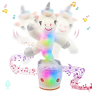 Hopearl Glowing Dancing Unicorn Toy Repeats What You Say Talking Toy Wriggle Singing Mimicking Twisting Electric Light Up Interactive Animated Toy Speaking Gifts for Kids, White, 14.5''