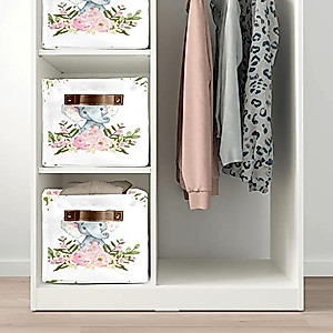 Personalized Pink Floral Elephant Storage Bin with Name Waterproof Canvas Organizer Bin with Handles for Gift Baskets Book Bag (1 Pack)