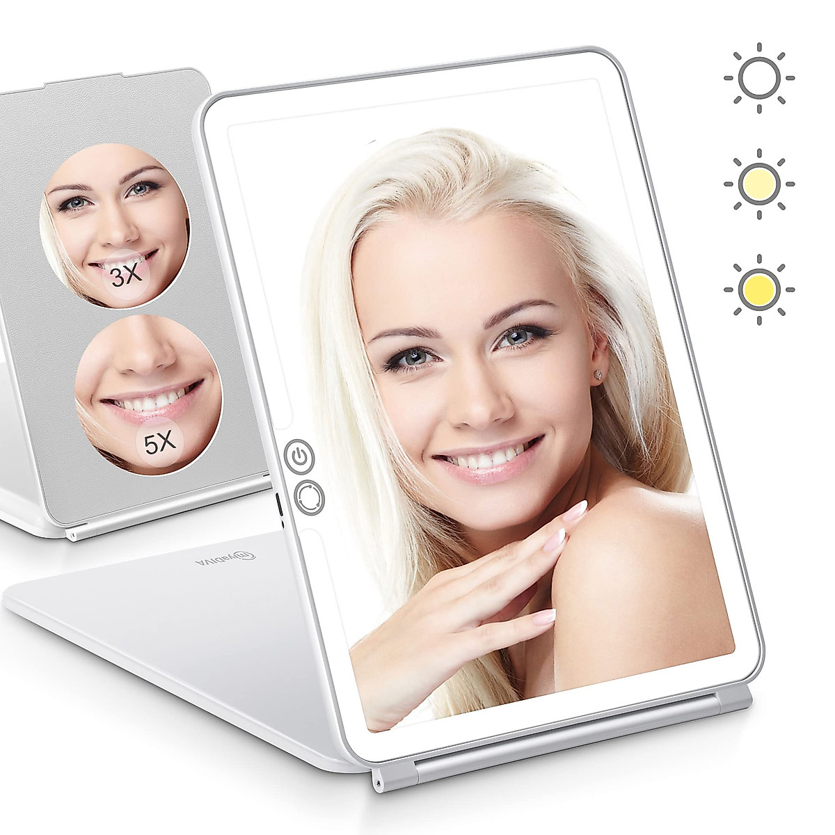 MIYADIVA Illuminated Makeup Mirror, 10 x 7.5 Inches, Foldable Design, 72 LED Light Beads, Adjustable Intensity, Rechargeable Battery, 3x and 5x Magnification, Tabletop Mount