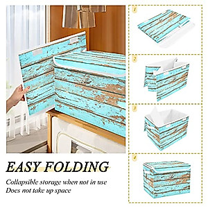 CaTaKu Blue Beach Wooden Storage Bins with Lids Fabric Large Storage Container Cube Basket with Handle Decorative Storage Boxes for Organizing Clothes Shelves